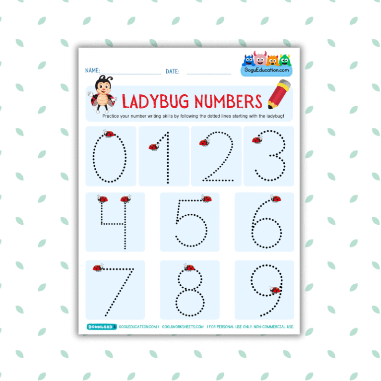 Ladybug Number Tracing — Gogu Worksheets