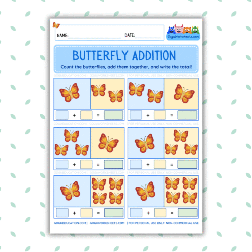 Math Worksheet – Butterfly Addition – Gogu Worksheets